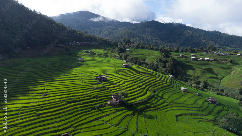 Aerial views beautiful of Small house and rice terraces field at ...