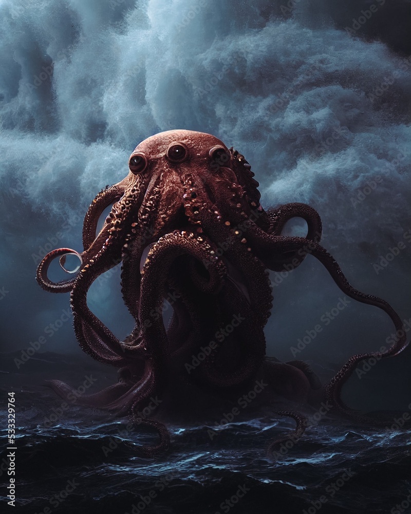 Kraken, scary giant squid octopus with dark eyes, sea giant, ocean, boat killer, mythical ocean ...