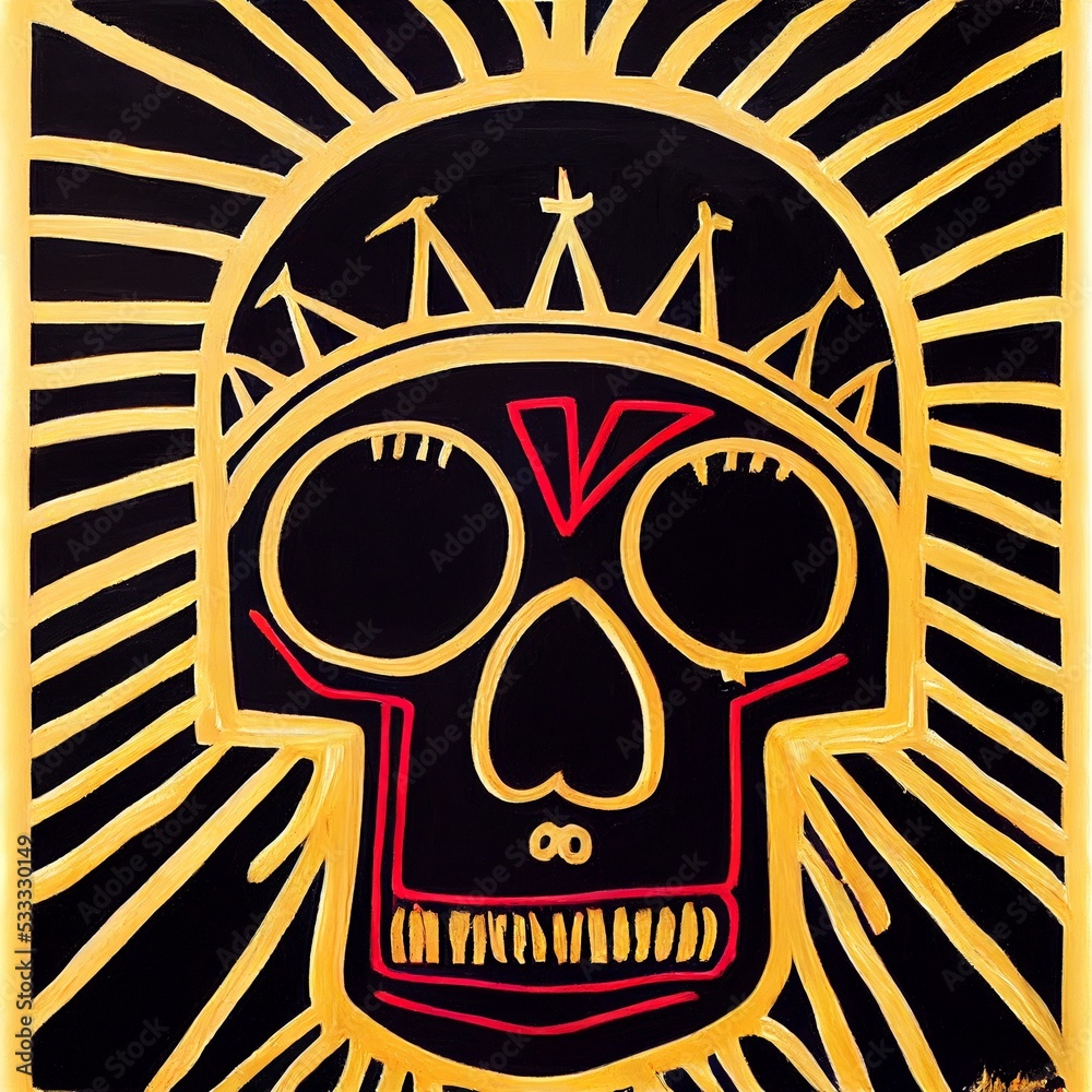 Skull hand drawing, dead face pictogram, inca style, black and gold ...