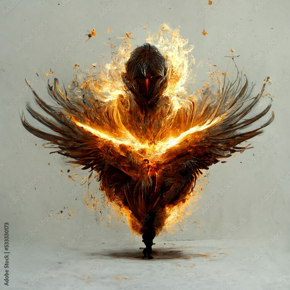 Phoenix flying in the sky, bird in fire, orange and fire wings ...