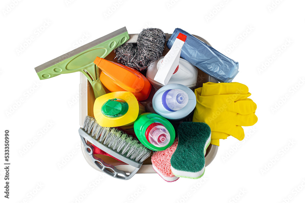 Basket with cleaning items isolated on white background. Washing set ...
