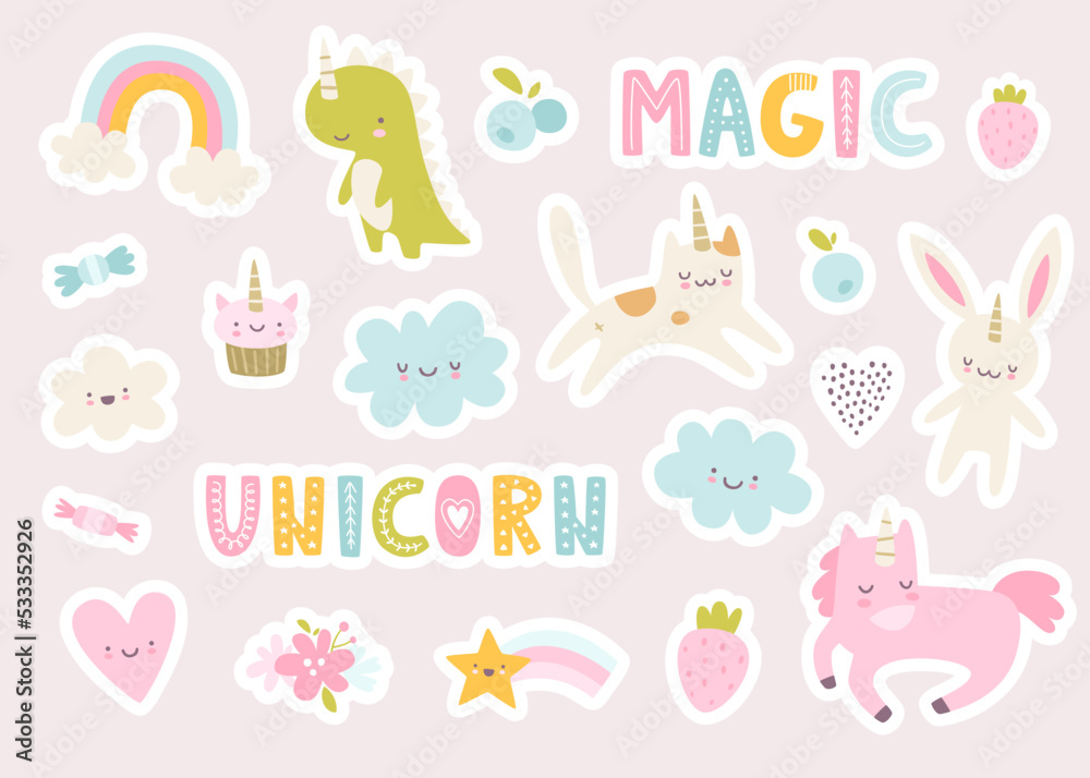 Unicorn animals stickers set. Cute baby unicorns collection. Girly ...