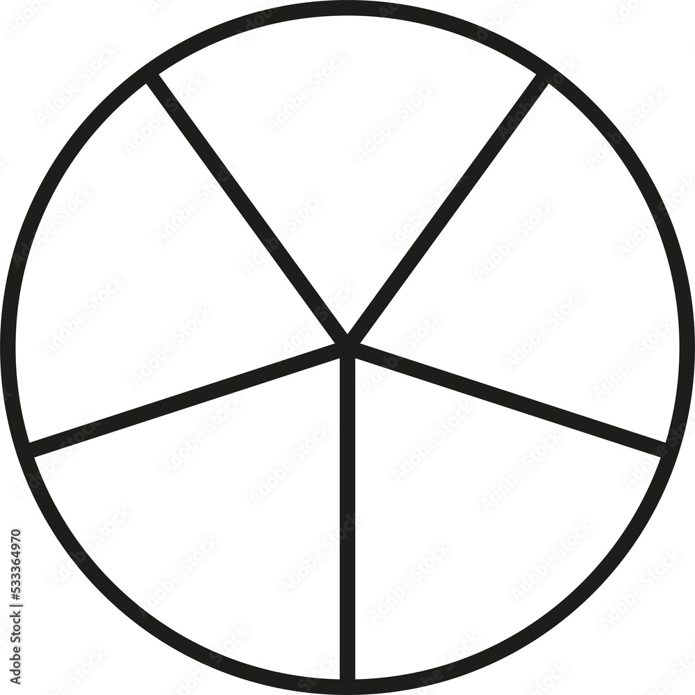 Pie chart, diagram. Black outlined circle divided in five parts, into ... Pie chart, diagram. Black outlined circle divided in five parts, into ...