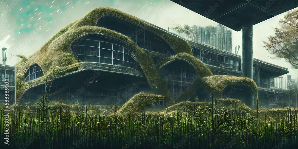 Architecture of the future, a ruined city overgrown with greenery ...