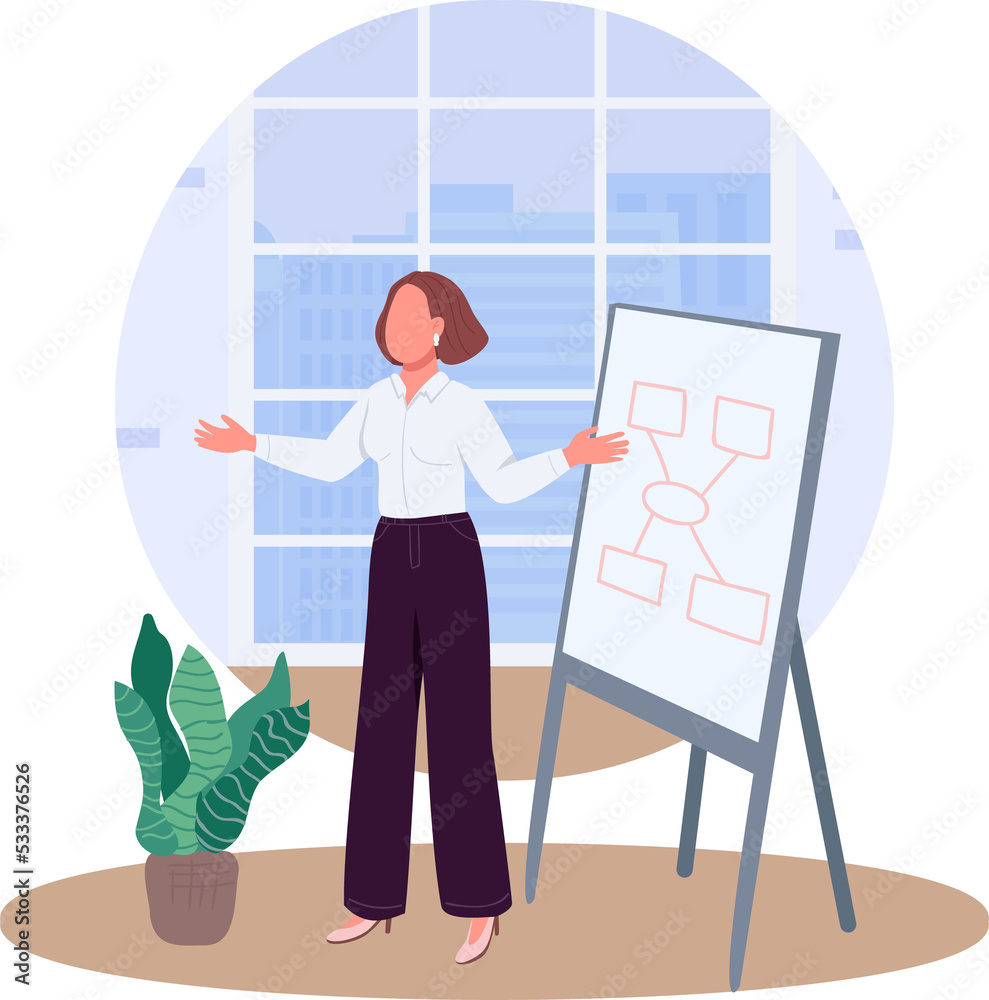 Woman on business presentation semi flat color raster character ...