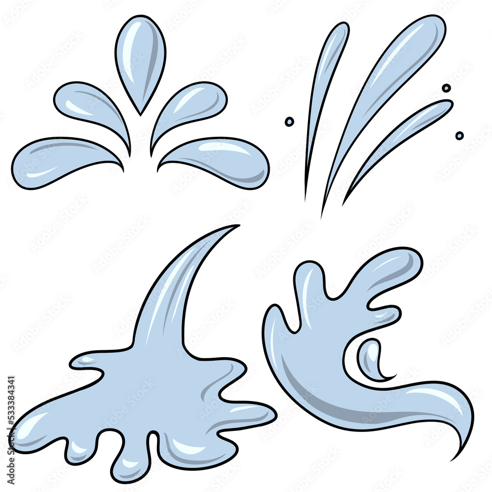 Collection of water splashes of different shapes in cartoon style ...