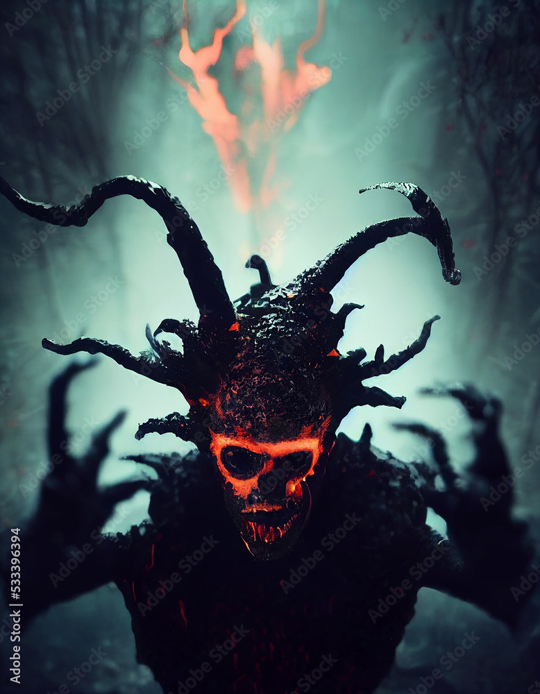 Стоковая иллюстрация «Mystical Savage Creepy Demonic Monster with Horns ...