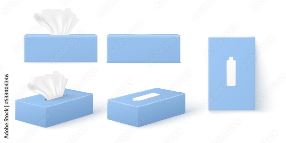 Blue tissue boxes set from different angles, realistic package mockup ...