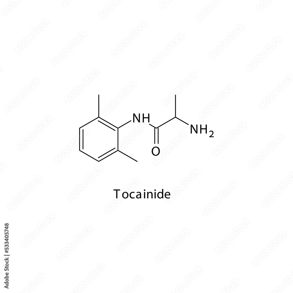 Tocainide molecule flat skeletal structure, Class Ib antiarrythmia drug ...