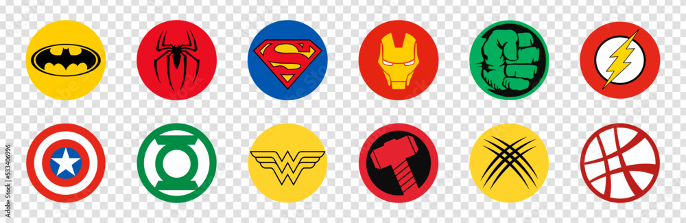 Superhero logo set: Batman, Spiderman, Superman, Iron Man and others ...