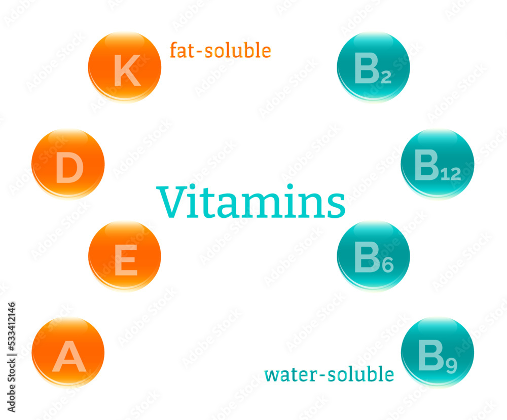 Vector illustration of vitamins. Fat-soluble and water-soluble vitamins ...