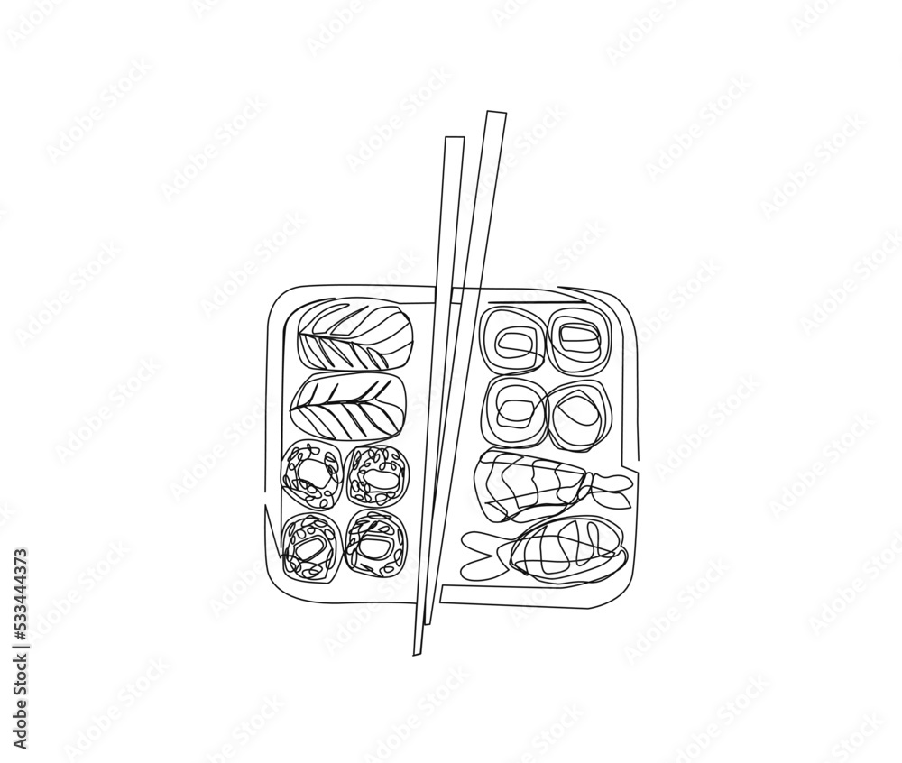 Continuous one line drawing of Sushi and Sashimi. Japanese Food Sushi ...