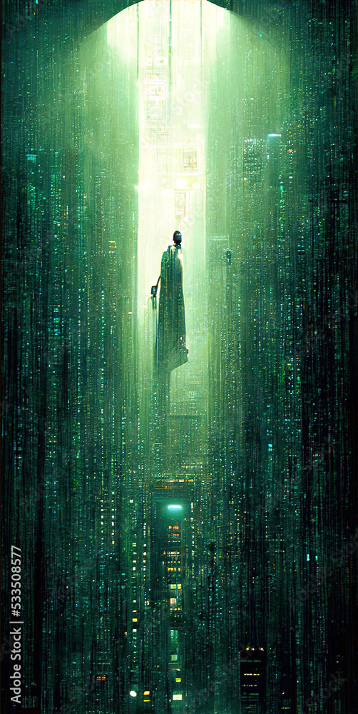 silhouette of a person in the matrix with green light and falling ...