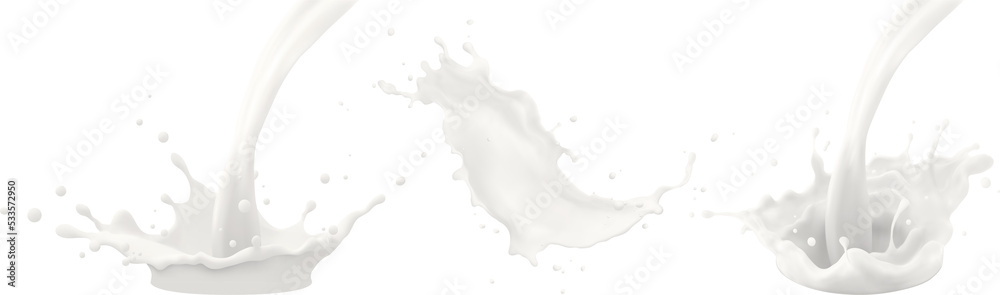 Milk jet, milky splash, vector realistic liquid white splash on isolated background. 3d ...