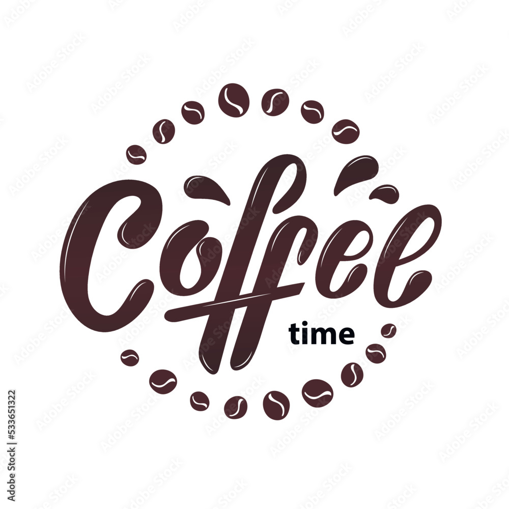 Coffee time logo. Hand lettering, brown letters with coffee drops in a ...