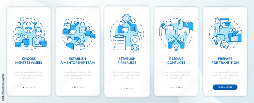 Coaching tips blue onboarding mobile app screen. Resolve conflicts walkthrough 5 steps editable ...