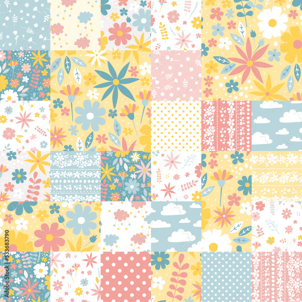 Delicate seamless patchwork pattern of rectangles with abstract flowers ...