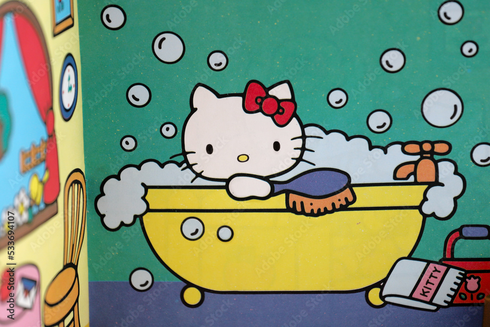 Hello Kitty taking a bubble bath in the bathtub. Storybook. Kitty ...