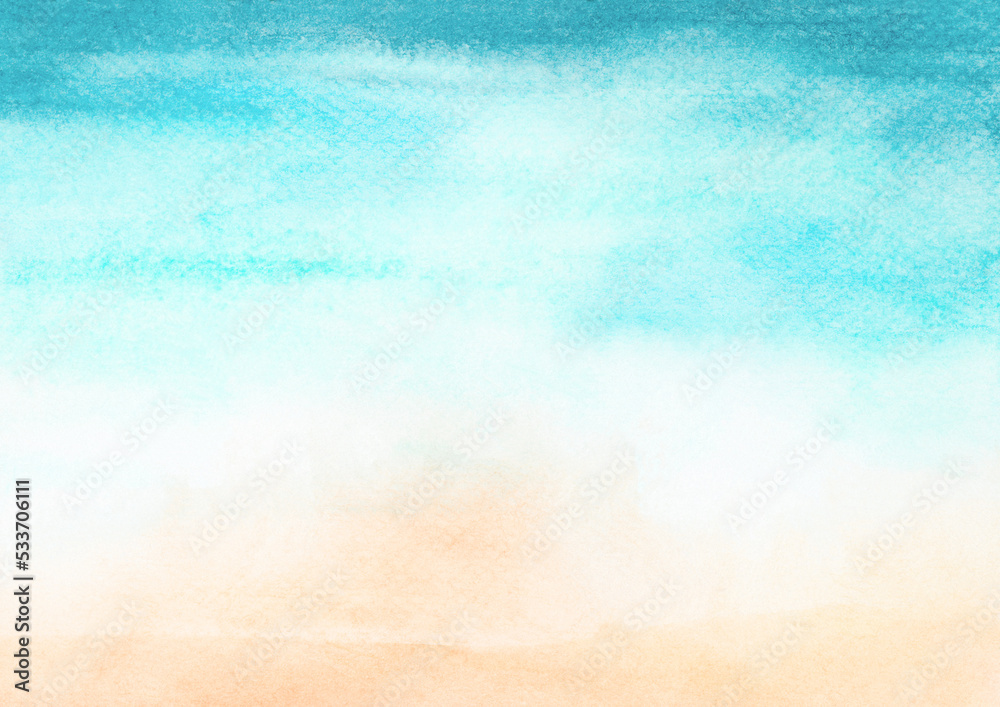 Watercolor painting blue ocean wave on sandy beach background. Abstract ...