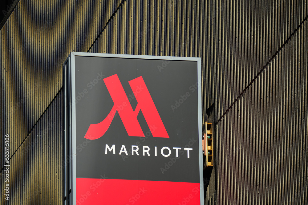 The logo sign of a Marriott hotel from New York, Time Square. Marriott ...