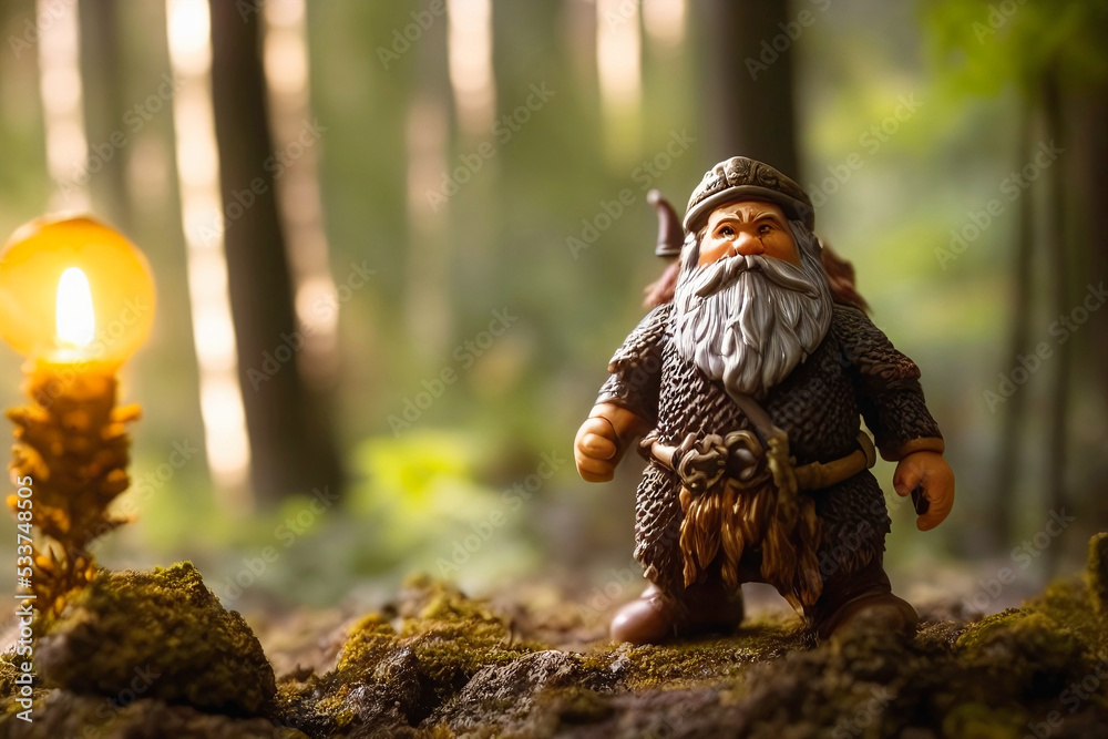 illustration of fantasy dwarf miniature statue in forest with hairs ...