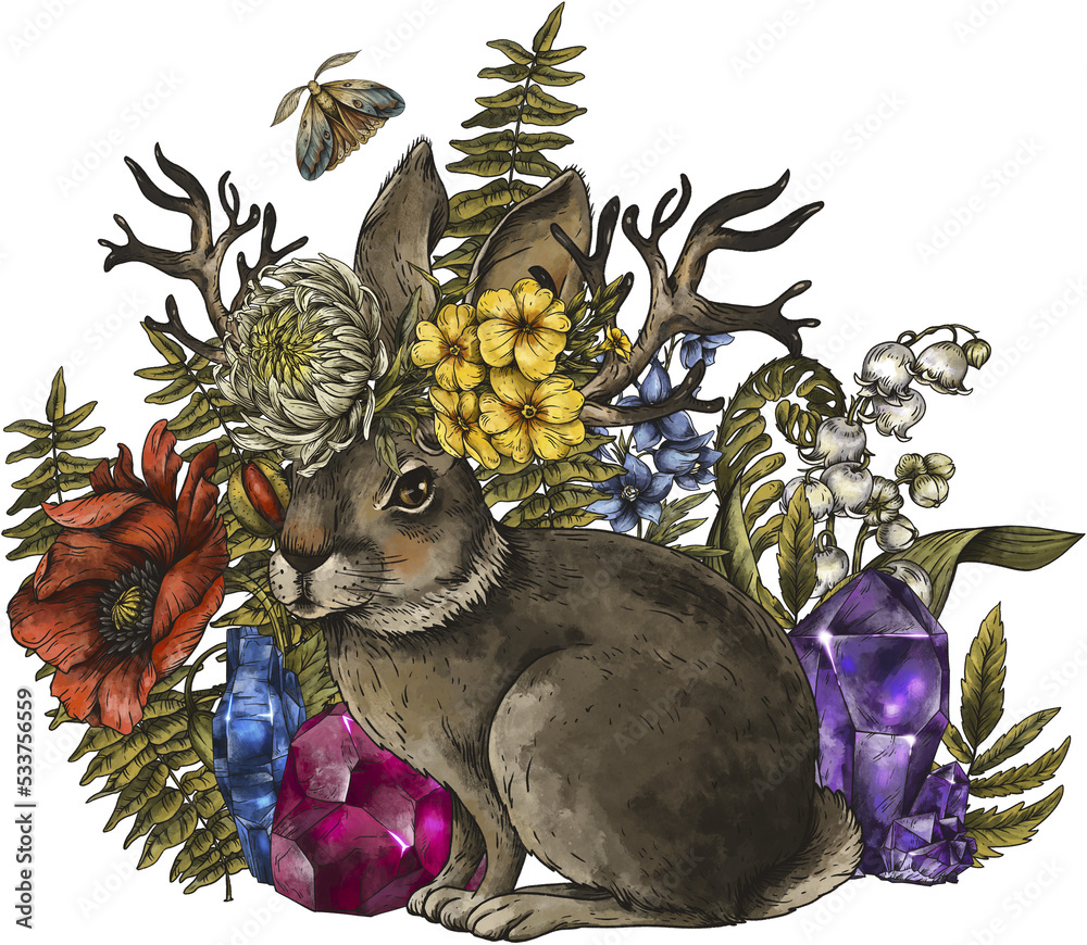 Mystical hare with horns. Vintage wicca illustration, fantasy creature ...