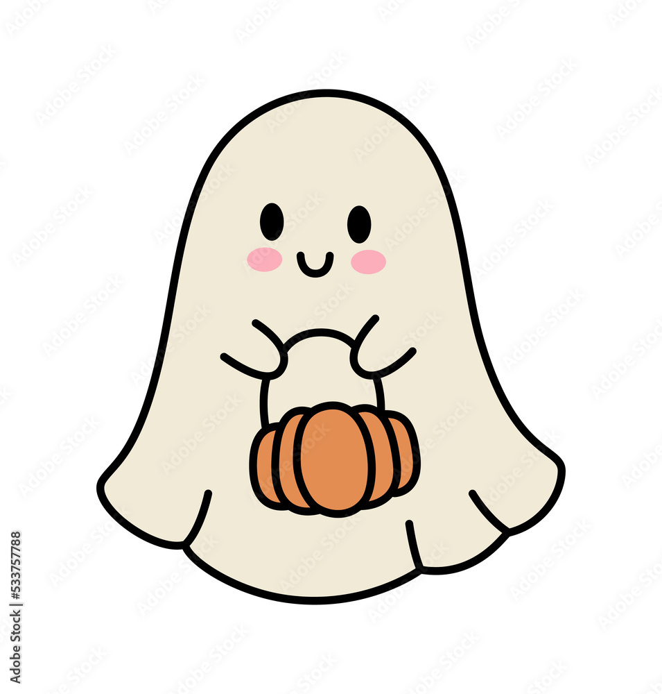 Halloween cute ghost with pumpkin. Kawaii face. Vector design on ...