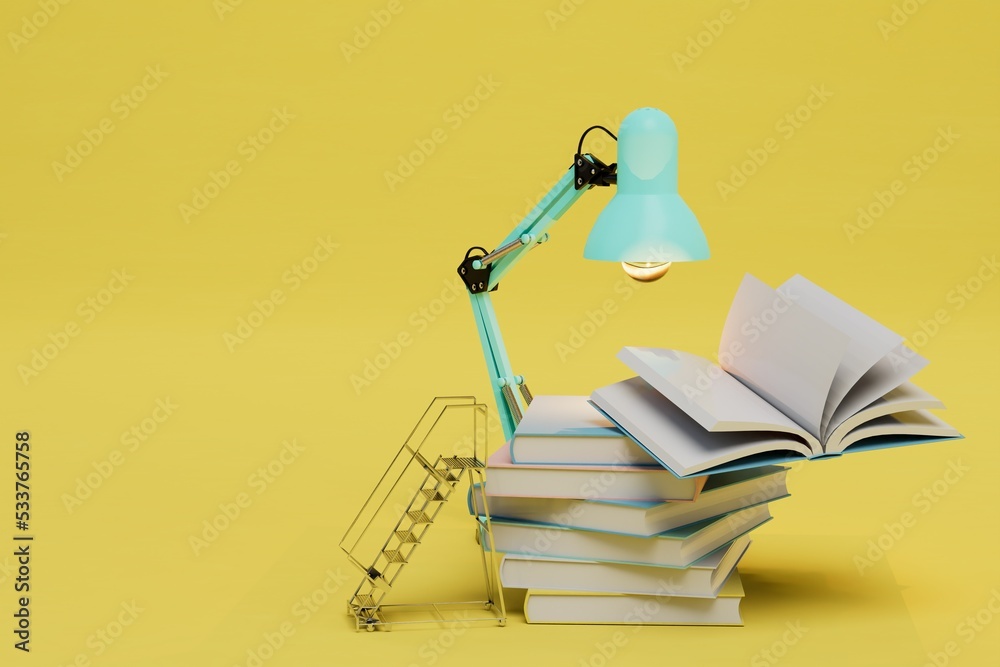 learning by the light of a lamp. a stack of books, a lamp above them ...