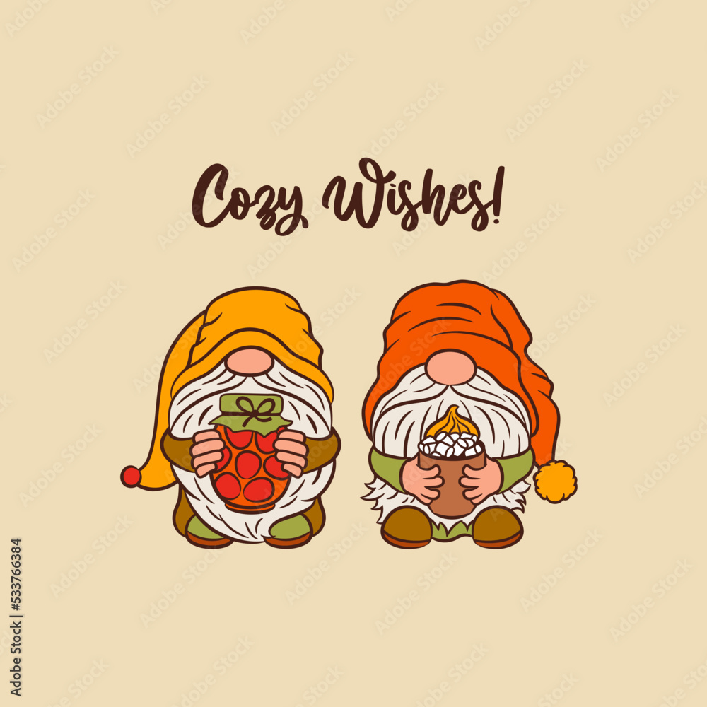 Cute gnomes fall card template. Cozy wishes text. Funny scandinavian ...