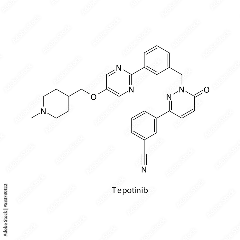 Tepotinib molecule flat skeletal structure, Tyrosine kinase - ALK, ROS1 ...