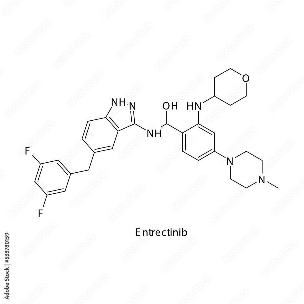 Entrectinib molecule flat skeletal structure, Tyrosine kinase - EGFR ...