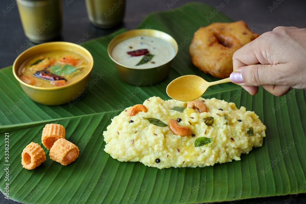 Ven Pongal Khara Pongal Sambar coconut chutney woman hand serving ...