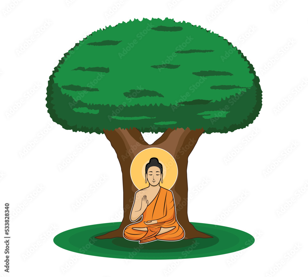 Symbols of Buddhism with Gautama Buddha the founder of Buddhism sitting ...