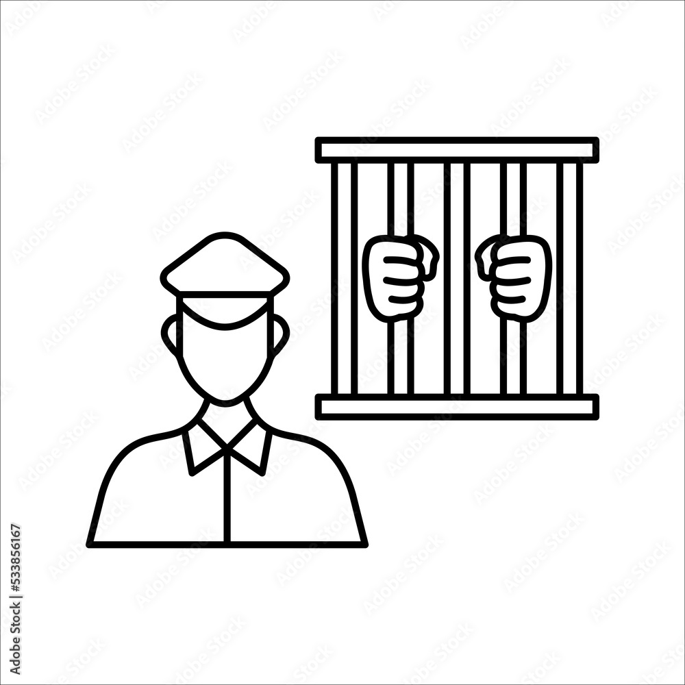 Prison icon. Hands holding prison bars. Silhouette criminal man behind ...