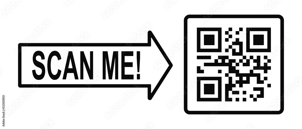 Scan me concept. QR code icon in square frame with pointing arrow ...