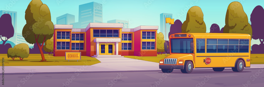 City street with school building and yellow bus for students. Summer ...