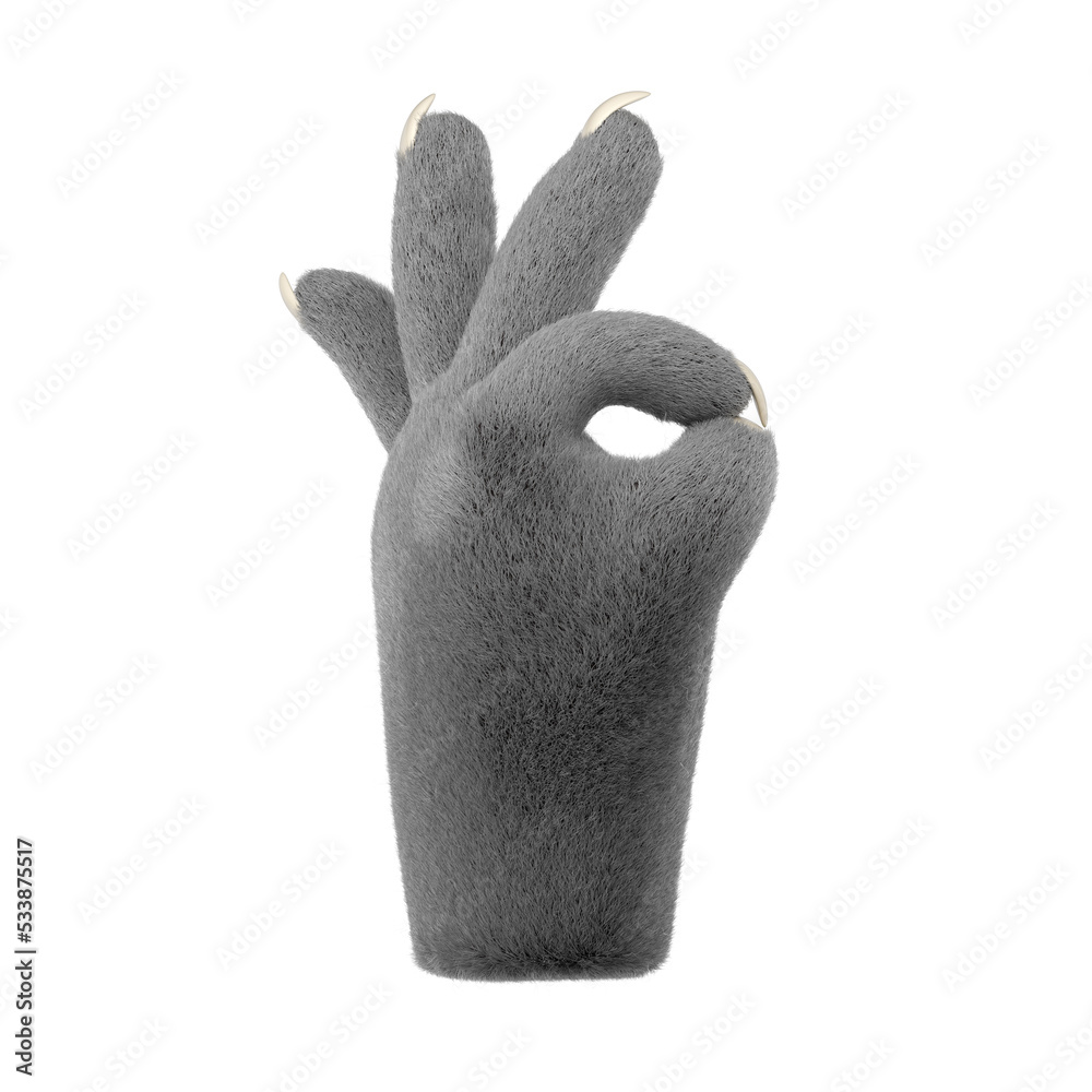 3d furry wolf hands in plastic cartoon style. Ok fingers gesture ...