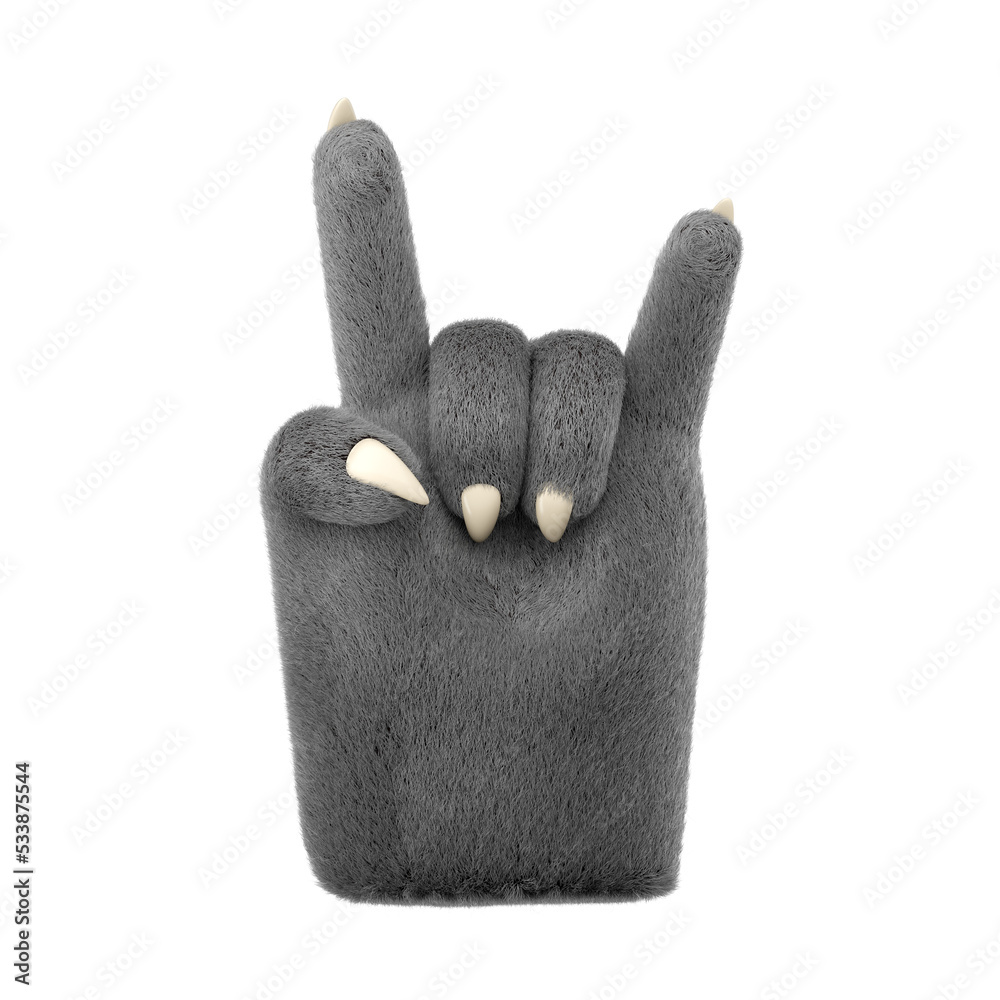 3d furry wolf hands in plastic cartoon style. Rock fingers gesture ...
