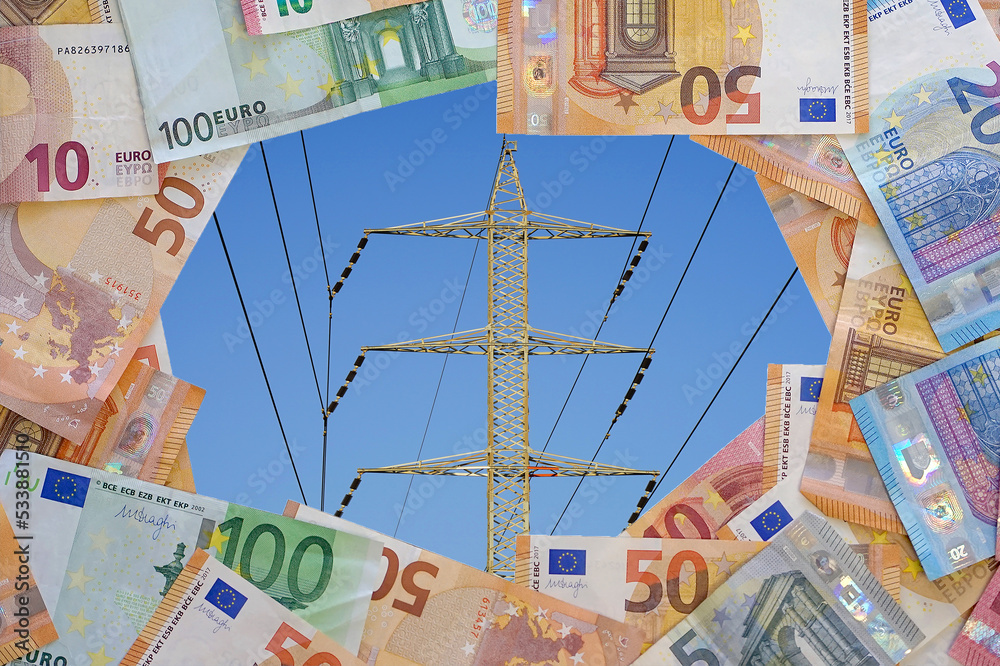 Mocup of Euro banknotes on electric pole background. Energy crisis in ...