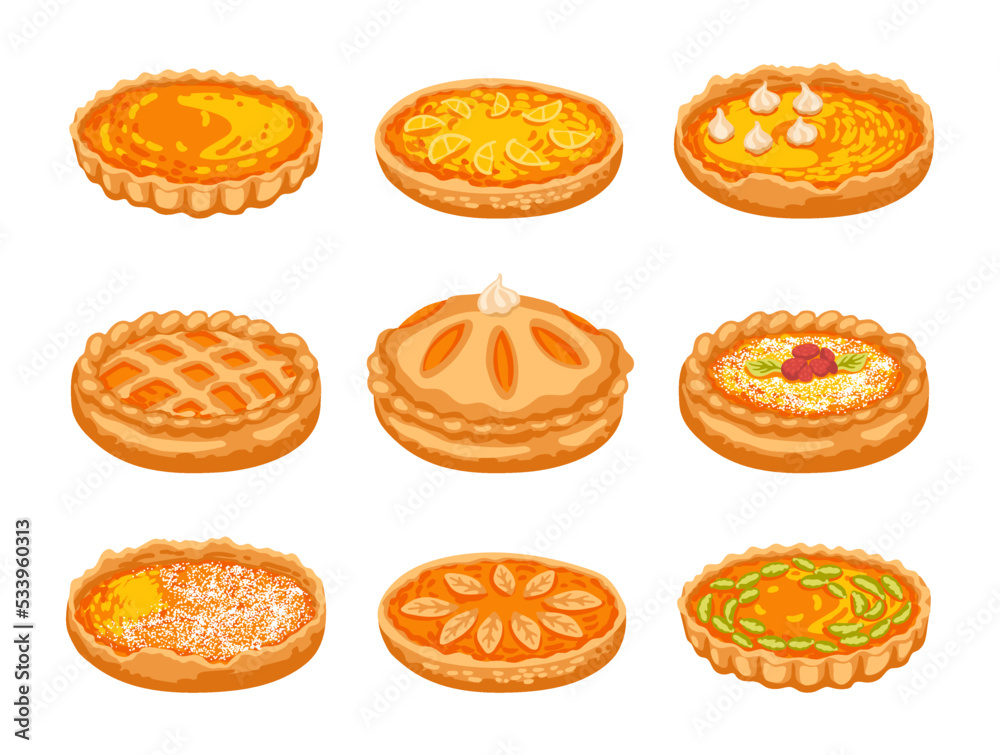Different sweet pumpkin pies vector illustrations set. Collection of cartoon drawings of whole ...
