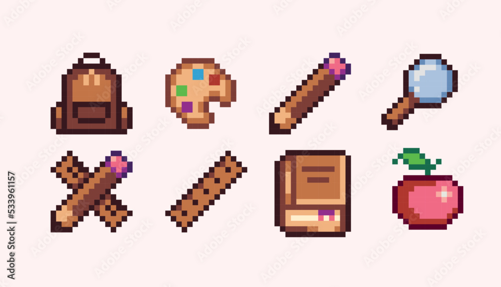 School tools pixel art set. Student logo collection, education signs. 8 ...