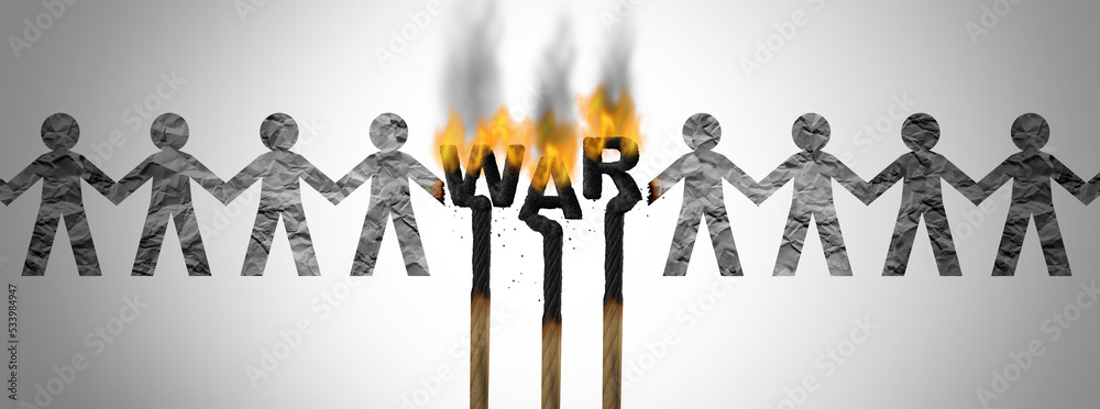 Tragedy of war concept as matches with flames and smoke burning paper ...