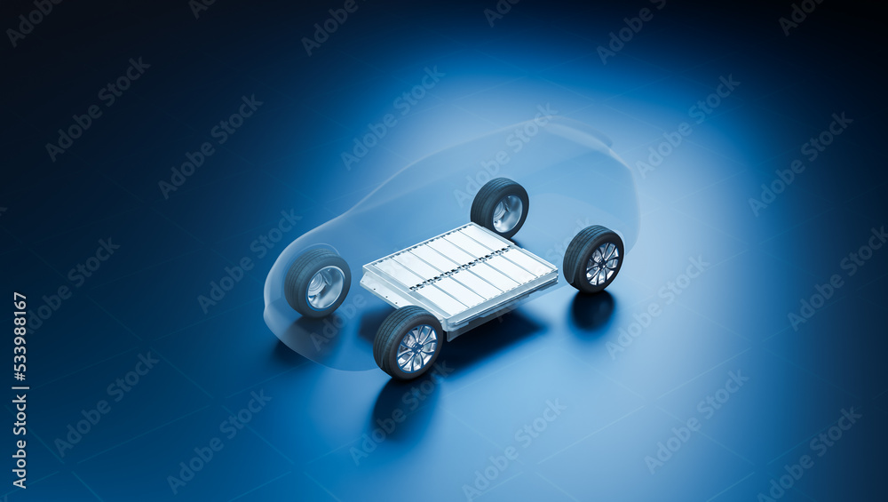 Transparent view inside electric vehicle with lithium ion battery ...