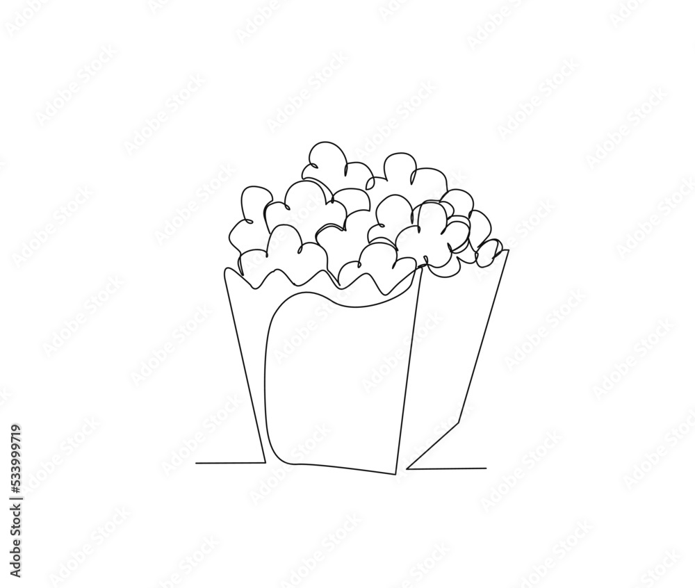 Continuous one line drawing of Popcorn. Popcorn Box line art drawing ...
