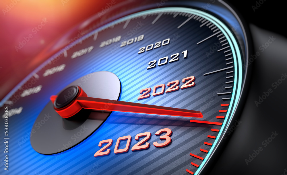 Blue glowing speedometer showing the year 2023 - 3D illustration Stock ...