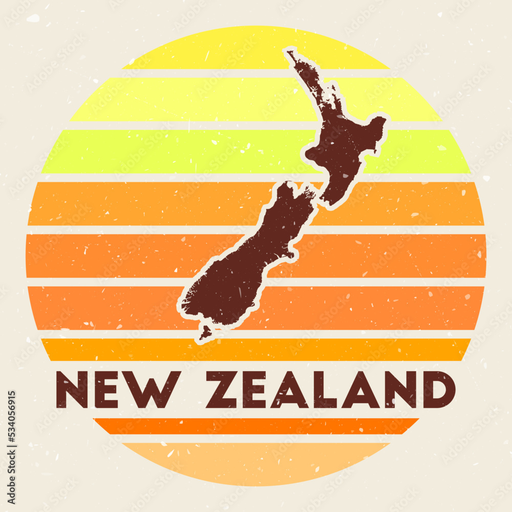 New Zealand logo. Sign with the map of country and colored stripes ...