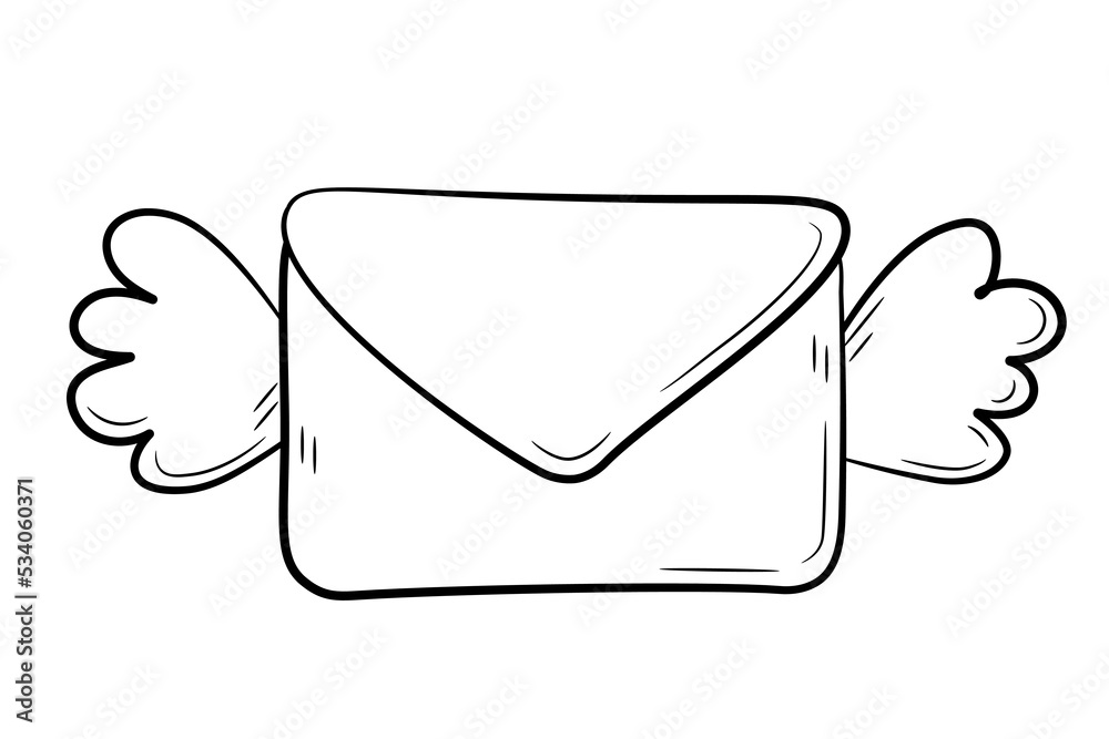 Mail envelope symbol. Line drawing simple black letter icon with wings ...