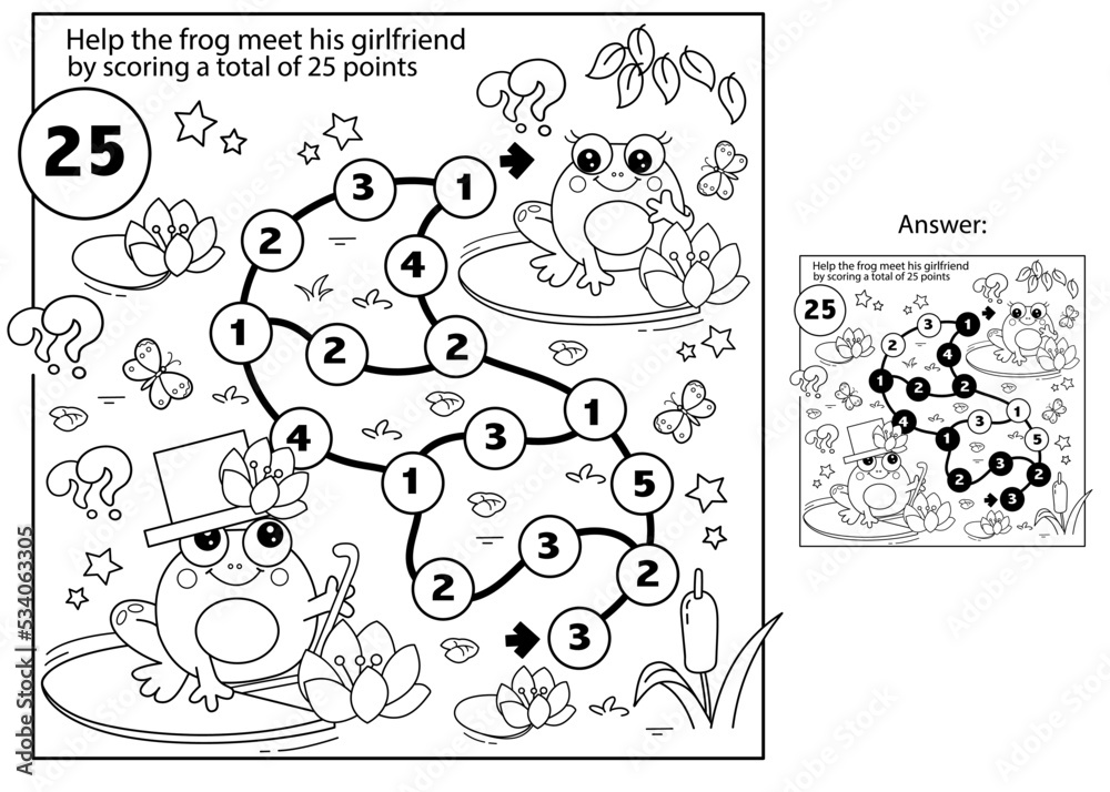 Math addition game. Puzzle for kids. Maze. Coloring Page Outline Of ...