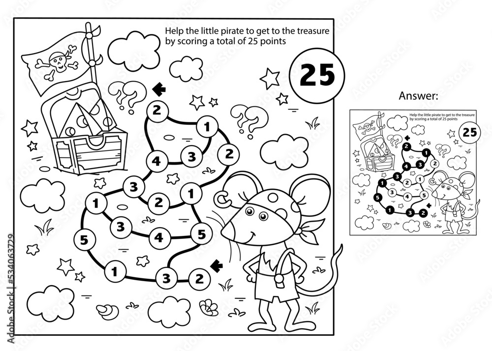 Math addition game. Puzzle for kids. Maze. Coloring Page Outline Of ...