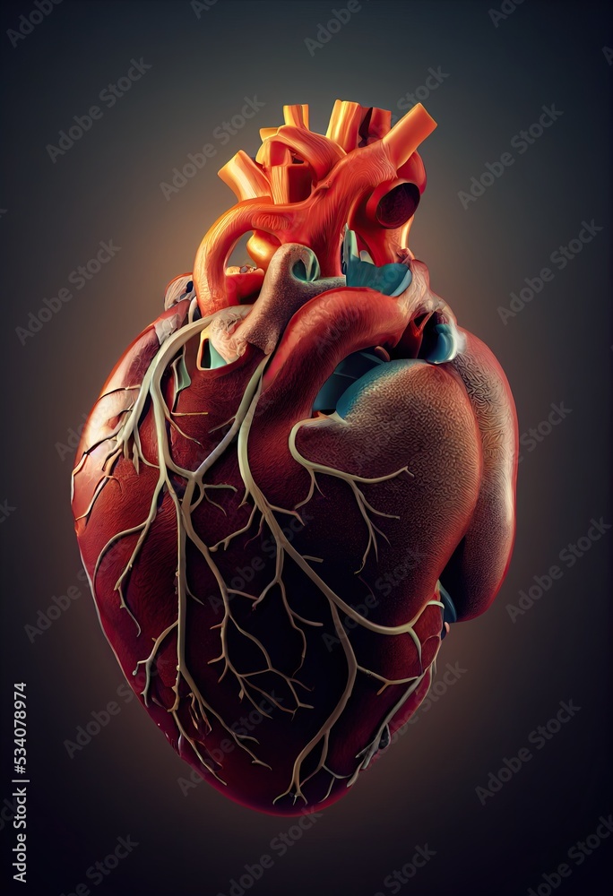 Model of the human heart anatomy isolated on black background. Pathway ...